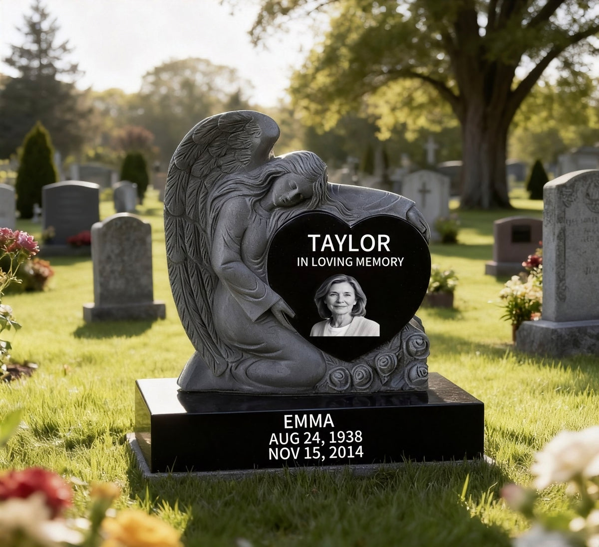 Headstone cemetery angel heart monument- large black granite upright 3 ...